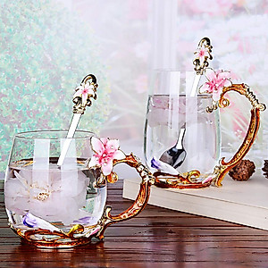 Tea Cup, Mother's Day Gifts, Gifts Coffee Mug Cups, Lily Flower Glass Tea Cup, Unique Personalized Birthday Present Ideas for Women Grandma Mom Teachers Hot Beverages 12OZ Pink