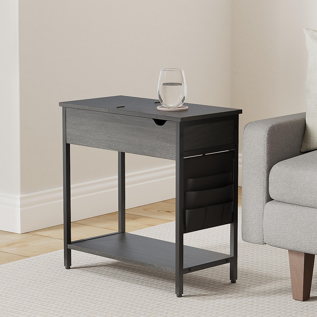 VASAGLE Side Table with Storage, End Table with USB Ports and Outlets, Nightstand with Charging Station, Fabric Bags, for Living Room, Bedroom, Ebonized Oak Finish and Black ULET310B42