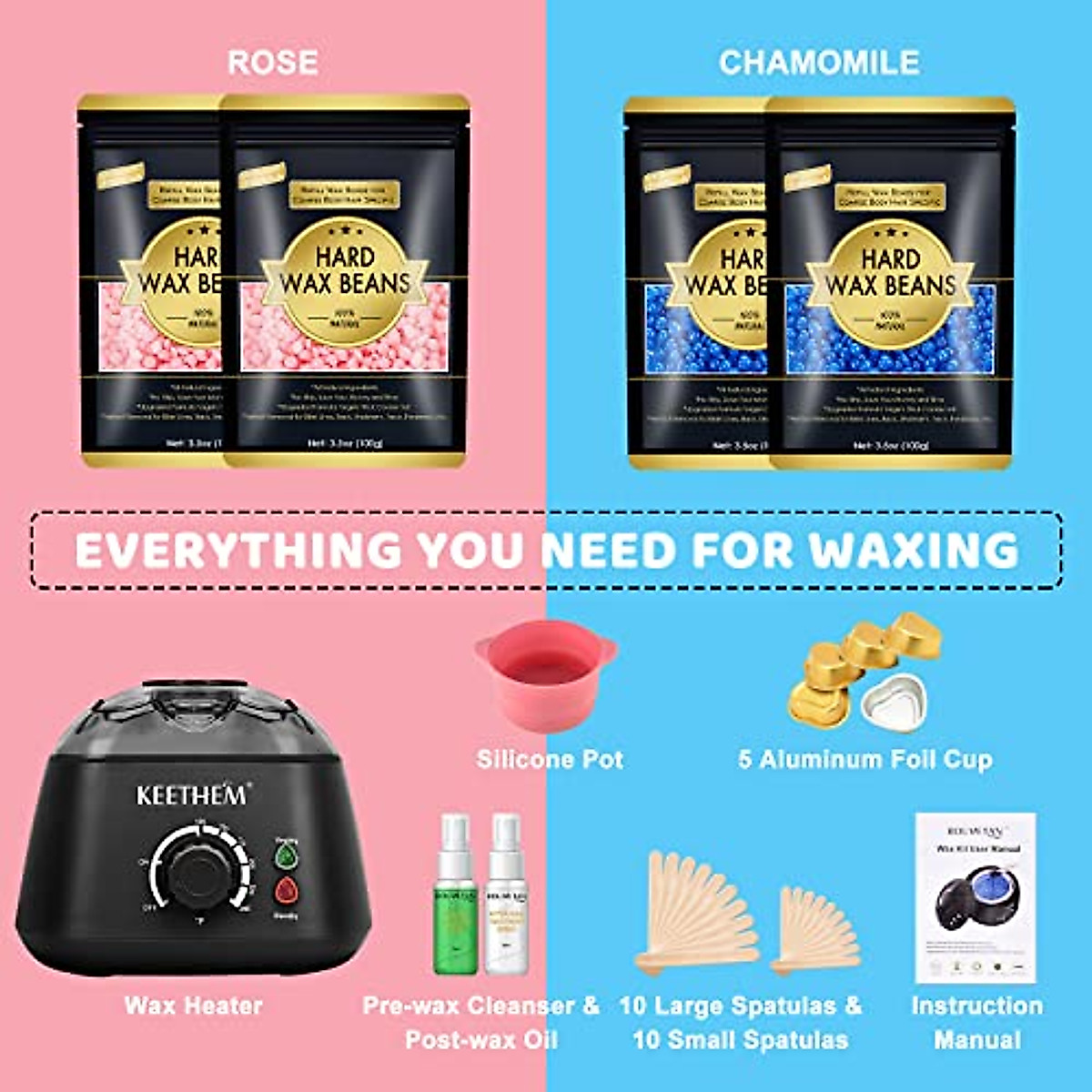 Keethem Waxing Kit - Wax Warmer for Hair Removal, 4 Packs Hard Wax Beads(14.1oz total), at Home Waxing Kit for Women Sensitive Skin - Ideal for Brazilian, Facial Hair, Bikini, Legs, Armpit, Eyebrow