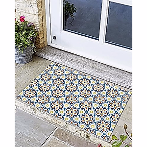 Front Entrance Floor Mats, Non Slip Bathroom/Kitchen Mat Absorbent Durable Small Rugs, Moroccan Vintage Ceramic Tiles Design Floral Forms Door Mat Indoor/Outdoor Carpet Shoes Scraper 16x24 inch