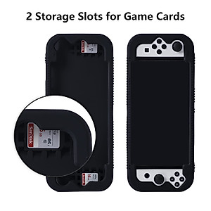 Teyomi Silicone Case for Nintendo Switch OLED with 2 Game Cards Slots, [Kids Friendly] Shockproof Protective Cover with Tempered Glass Screen Protector, Ergonomic Grip Case for Switch OLED, Black