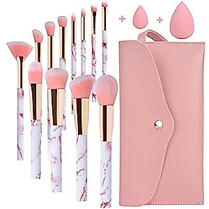 Makeup Brushes START MAKERS Professional 12Pcs Pink Marble Makeup Brush Set with Foundation Concealer Blush Eyeshadow Make Up Brushes Beauty Blender and Make Up Bag