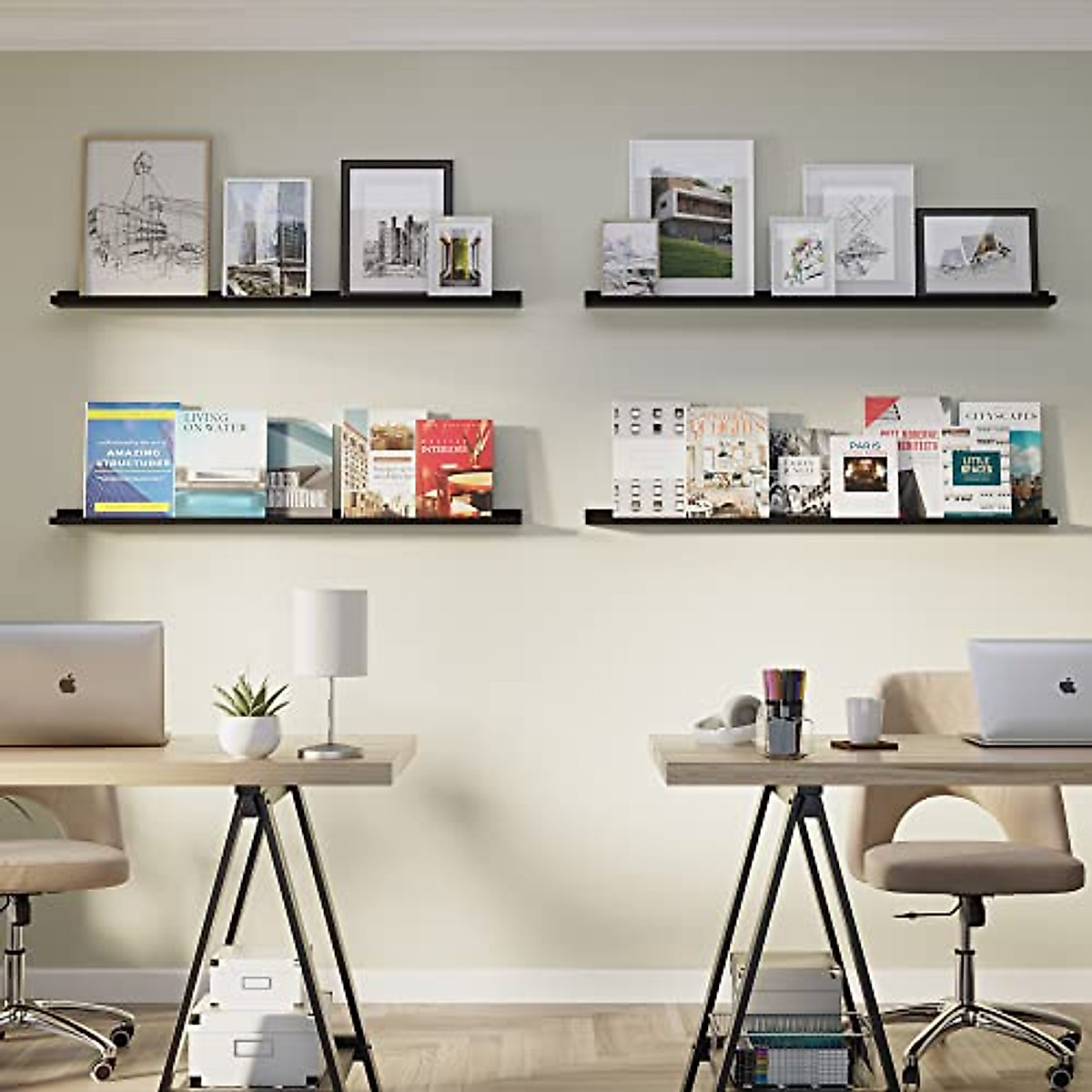 Wallniture Denver 46" Wall Shelves for Picture Frames, Floating Shelves for Wall, Picture Ledge Shelf, Set of 4, Black