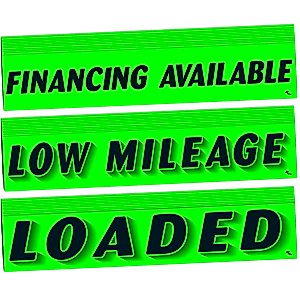 Versa Tags Windshield Slogan Stickers 12 Pack of FINANCING Available Stickers 12 Pack of Low Mileage Slogans 12 Pack of Loaded Window Stickers (36) Dealership Stickers Black On Green