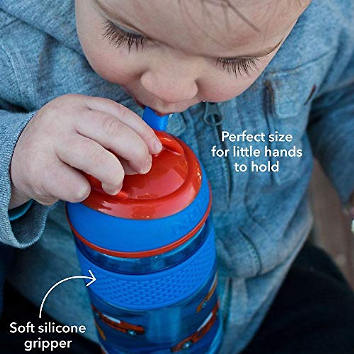 Nuby Thirsty Kids Flip-it Freestyle 12 oz Water Bottle with Bite Resistant Hard Straw, Blue Cars