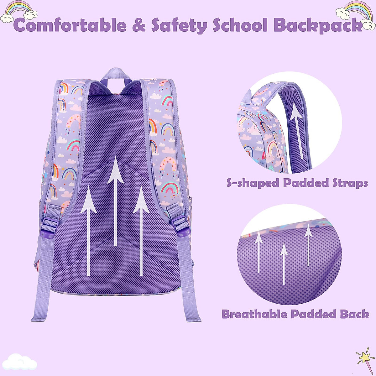 Rainbow Backpack for Girls, 3PCS Rainbow Backpack with Square Lunch Bag & Pencil Case Set for Girls, Large Capacity Kids School Bookbag Set for Preschool Kindergarten Elementary School