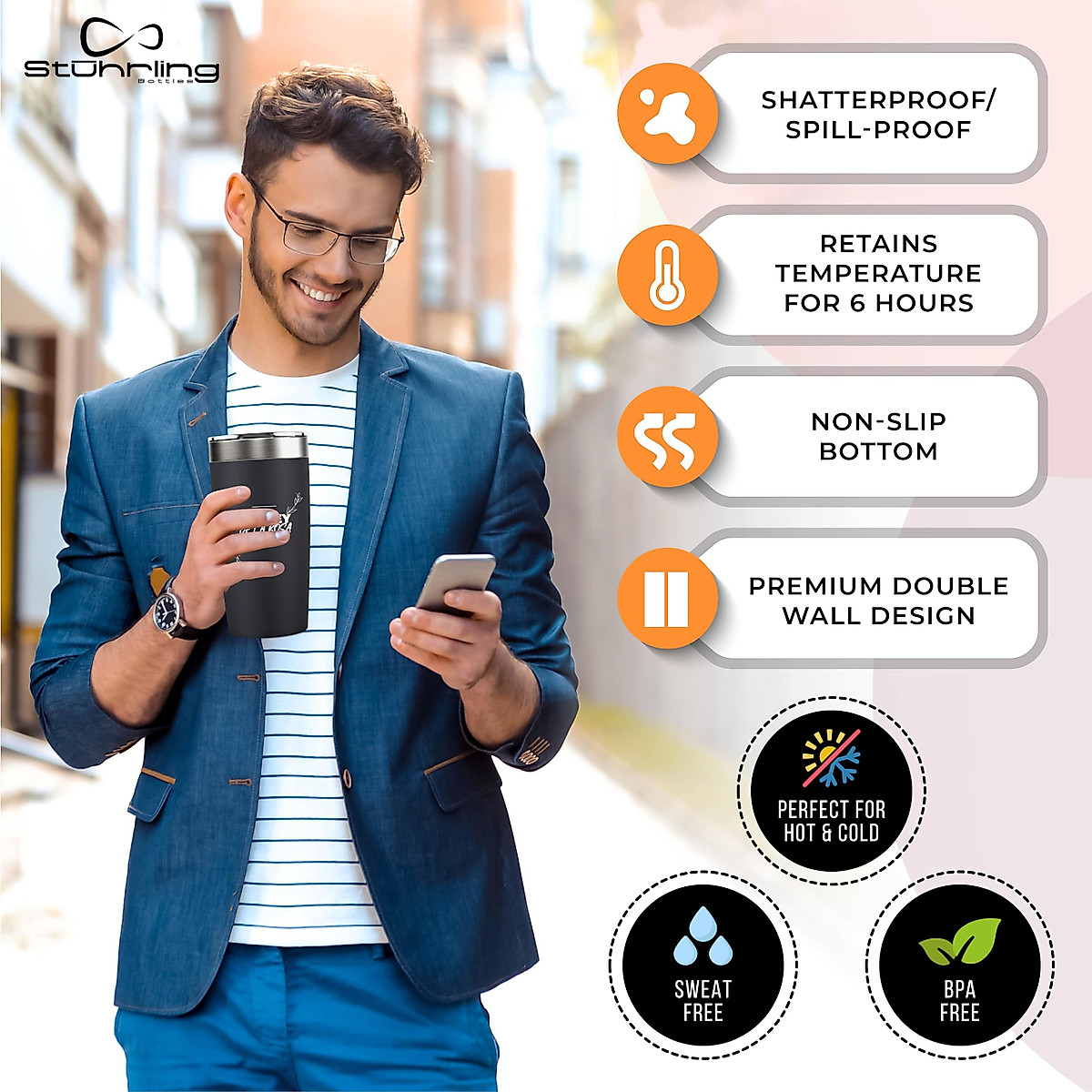 STUHRLING BOTTLE Personalized Tumbler 20oz Stainless Steel Insulated Personalized Gifts Christmas Gifts For Men, Women Thank You Gifts, Appreciation Gifts, Graduation Gifts For Men, Nurse, Teacher,