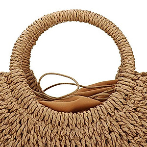Hand-woven Straw Large Hobo Bag for Women Round Handle Ring Toto Retro Summer Beach (Brown)