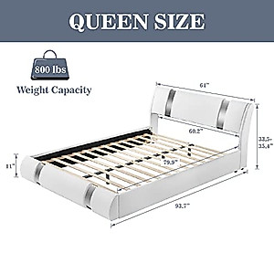 Allewie Queen Size Platform Bed Frame with Iron Piece Decor, Faux Leather Upholstered Bed with Curved Adjustable Headboard, Wooden Slats Support, No Box Spring Needed, Modern Style, White
