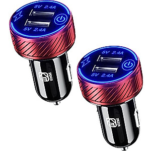 【2Pack】 USB Car Charger, Dual USB Port Car Charger Adapter, 5V/4.8A Charge Car Phone Charger with Blue LED & Touch Switch Fit for iPhone 13/12 Pro/Max/8, Galaxy S21/20/10/9 (Red)