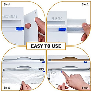 Wimgsanc 3 in 1 Refillable Plastic Wrap Dispenser with Cutter, Acrylic Roll Organizer Holder for Wax Paper, Parchment Paper, Aluminum Foil and Plastic Wrap Organization, Compatible with 12'' Roll