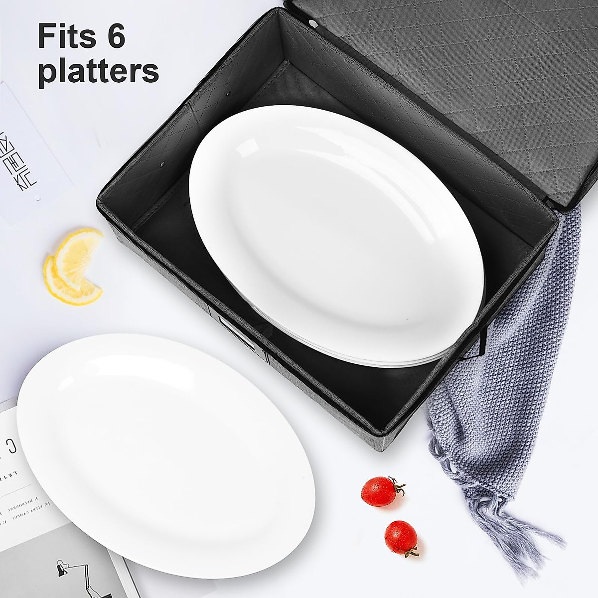 Gowee China Storage Containers Hard Shell, Platter Storage Case 17" x 13" x 6" for Dinnerware Storage and Transport, 5 Felt Dividers Included, Structured Top and Stackable (Black)