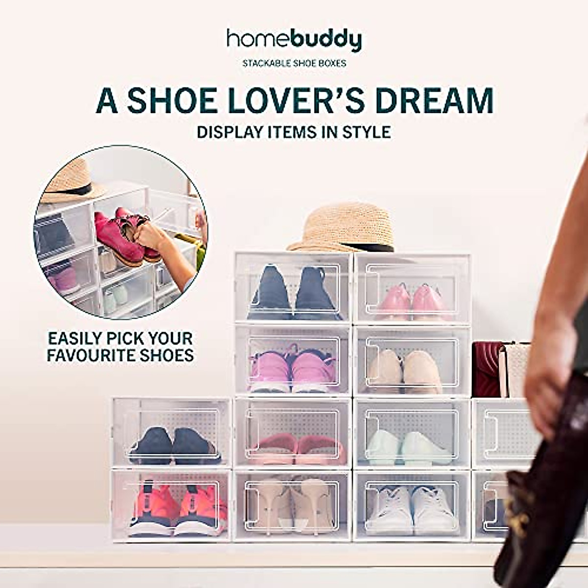 HomeBuddy Shoe Organizer for Closet - 12 Pack Shoe Boxes Clear Plastic Stackable Bins, Clear Shoe Boxes Stackable with Lids, Sneakers Storage Case, Zapateras Organizer for Shoes, Closet Shoe Organizer