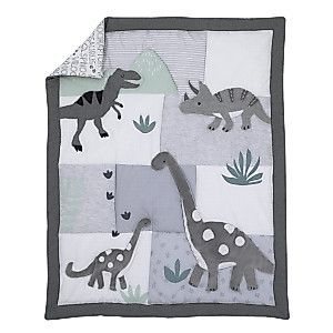 NoJo Baby-Saurus Gray, White, and Green Triceratops, Brontosaurus, and Tyrannosaurus Dinosaurs with Mountains and Leaves 4 Piece Nursery Crib Bedding Set - Comforter, 100% Cotton Fitted Crib Sheet, Crib Skirt, and Storage