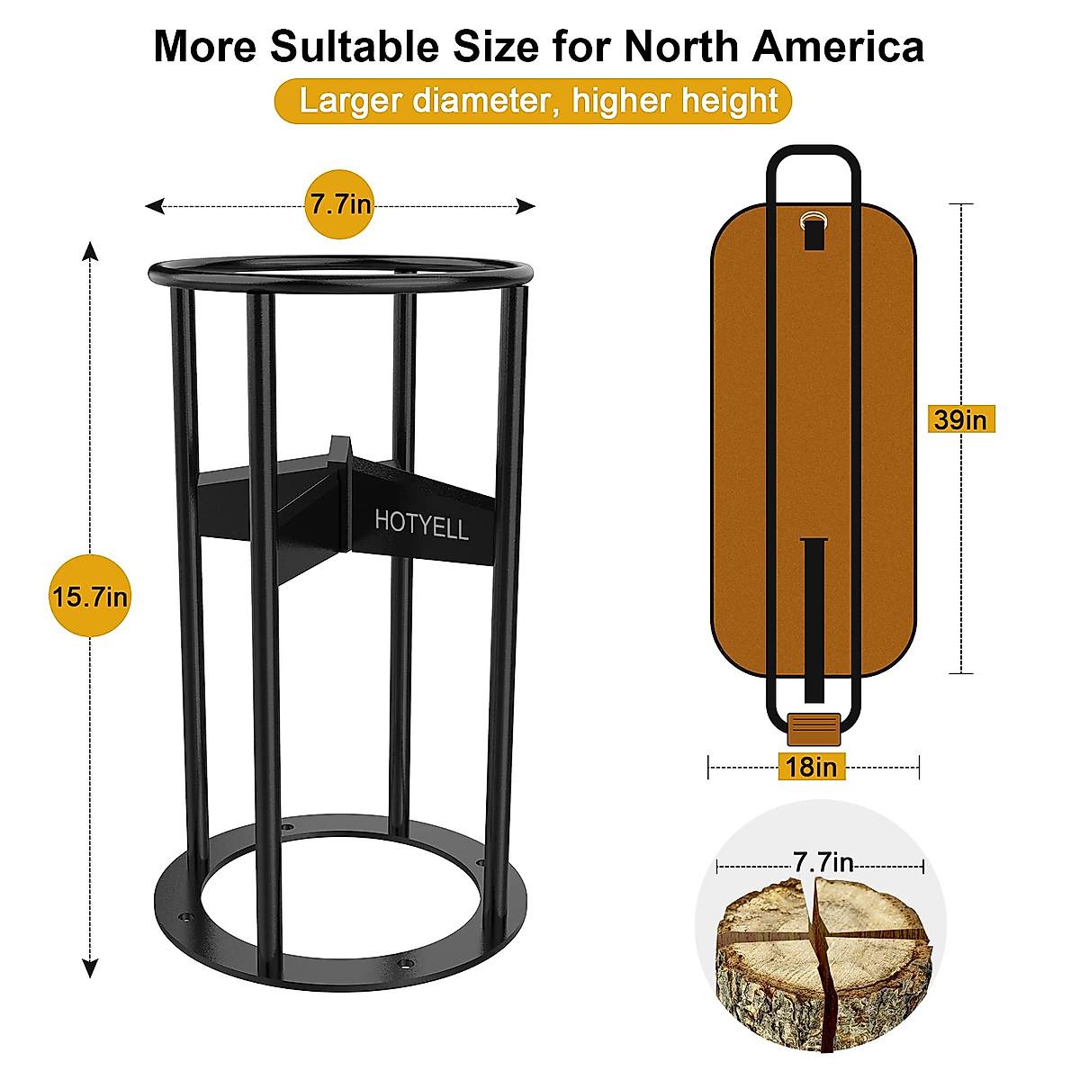 HOTYELL Firewood Splitter, High Carbon Steel Wood Splitter with Fixed Awl, Manual Log Splitting Wedge Tool, 4 Parts at One Time, Canvas Firewood Carrier Included