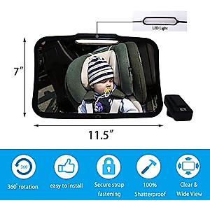 Moyu Home Baby Car Mirror, Infant Rear Facing Car Seat Mirror with Light,Child Shatterproof Observation Mirror,Crystal Clear View with 360° Pivot, Black