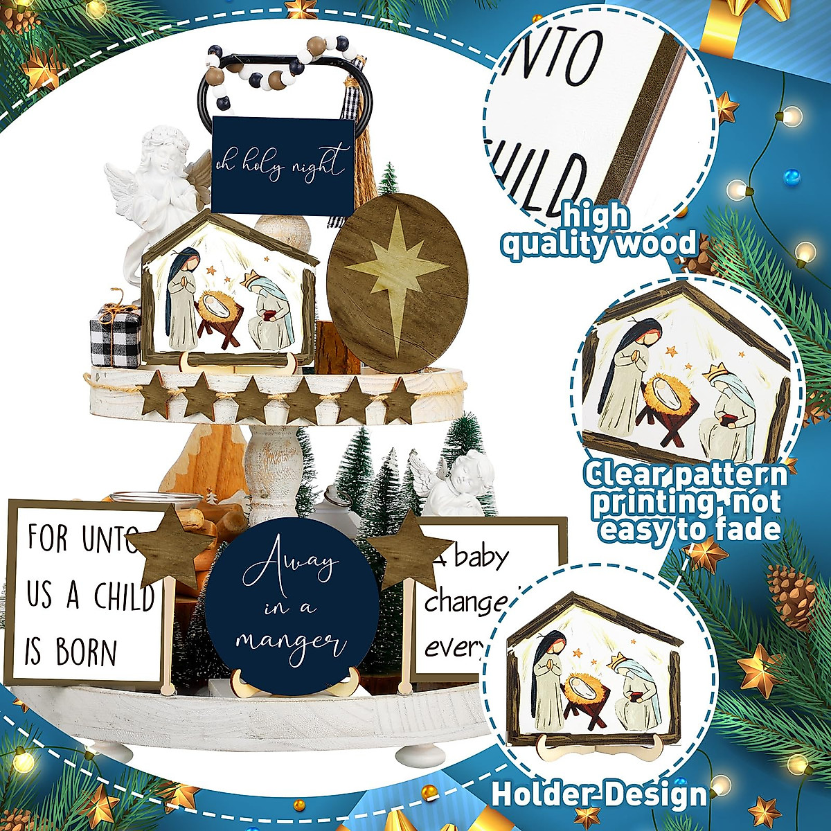 Bucherry 1 Sets Christmas Christian Jesus Nativity Tiered Tray Decor Farmhouse Nativity Decor Angels Mangers Jesus' Birth Wooden Christian Decor for Home Table Mantel