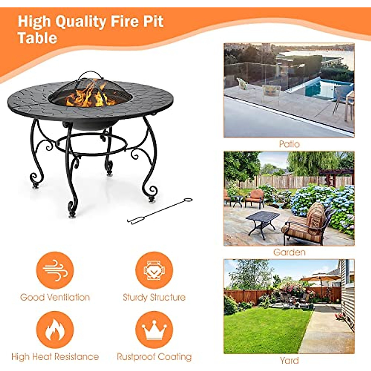 Renatone Bonfire Wood Burning Fire Pit Table, 36 Inch 4-in-1 Outdoor Dining Table, PVC Cover, Multifunctional Metal Round BBQ Garden Fire Bowl with Lid for Garden, Poolside, Backyard
