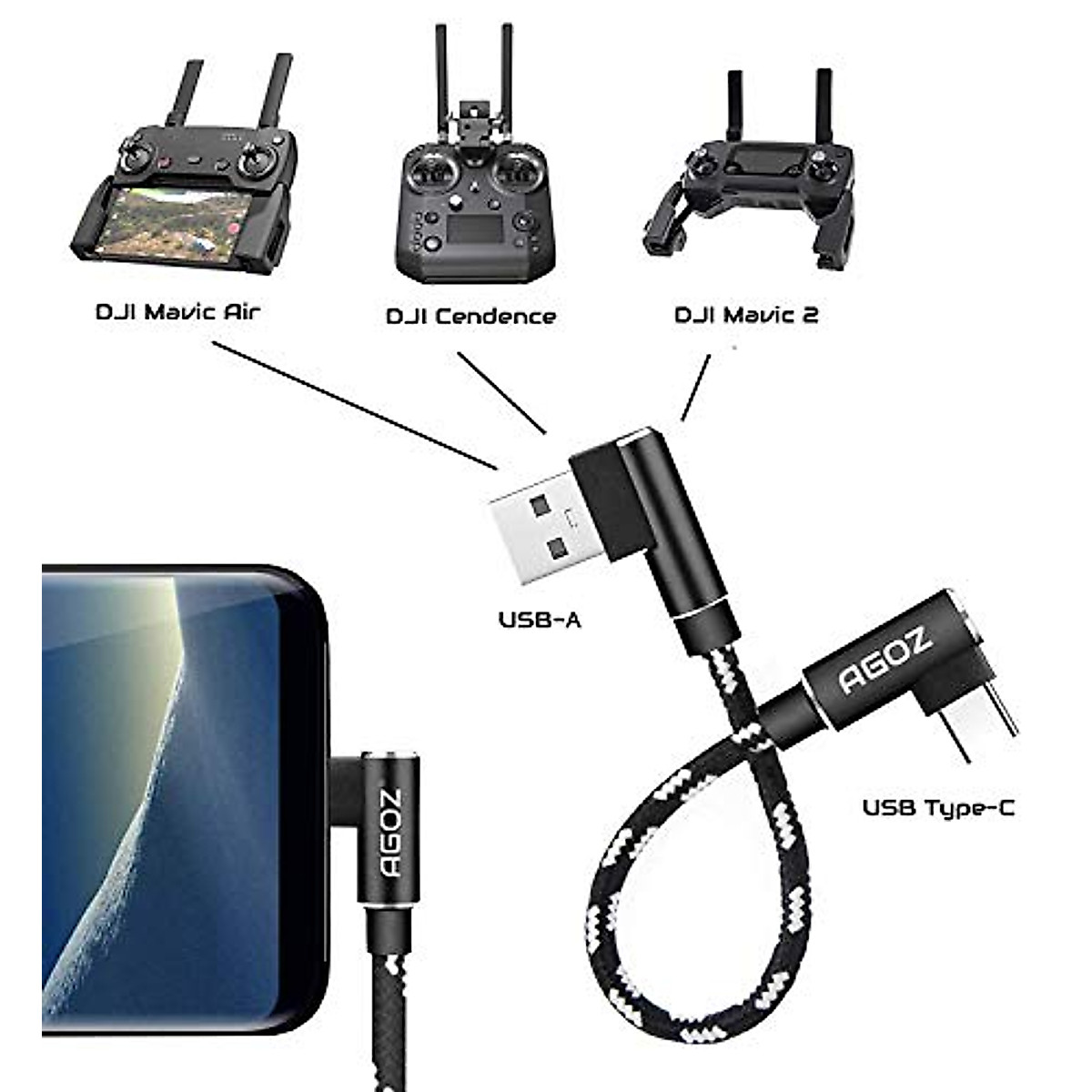 AGOZ 5 inch 90 Degree Right Angle Elbow USB A to USB C Cable Cord for DJI MAVIC PRO AIR, DJI OM 4, OM 5 Drone Remote Controller RC to USB A to USB C (Samsung Galaxy Note 20 10 9 8, S22, S21, S20, S10)