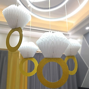 Bridal Shower Decoration,Engagement Party Supplies,Bachelorette Party Favor,She Said Yes Engaged Diamond Ring,Glitter Gold Honeycomb Ring Hanging Decorations Set of 6