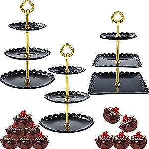 3 Sets of 3-Tier Plastic Cupcake Stand Dessert Plates Mini Cake Fruit Candy Display Tower Reusable Tiered Serving Tray Round Square Pastry Cake Rack Holder Tray for Wedding Birthday (Black)