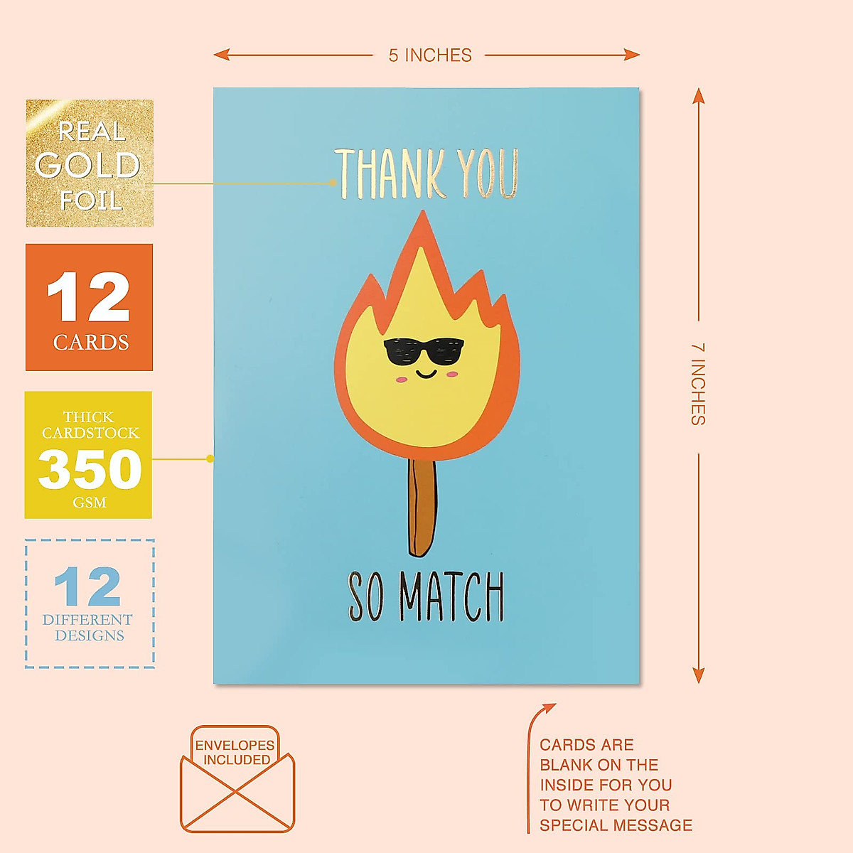 【12 Pack】Large Funny Thank You Cards – Big Size 5 x 7 Inch – Appreciation Cards and Pun Cards Printed on Premium Thick 350 GSM Paper – 12 Unique Eye Catching Designs in Funny Themes – Funny Greeting