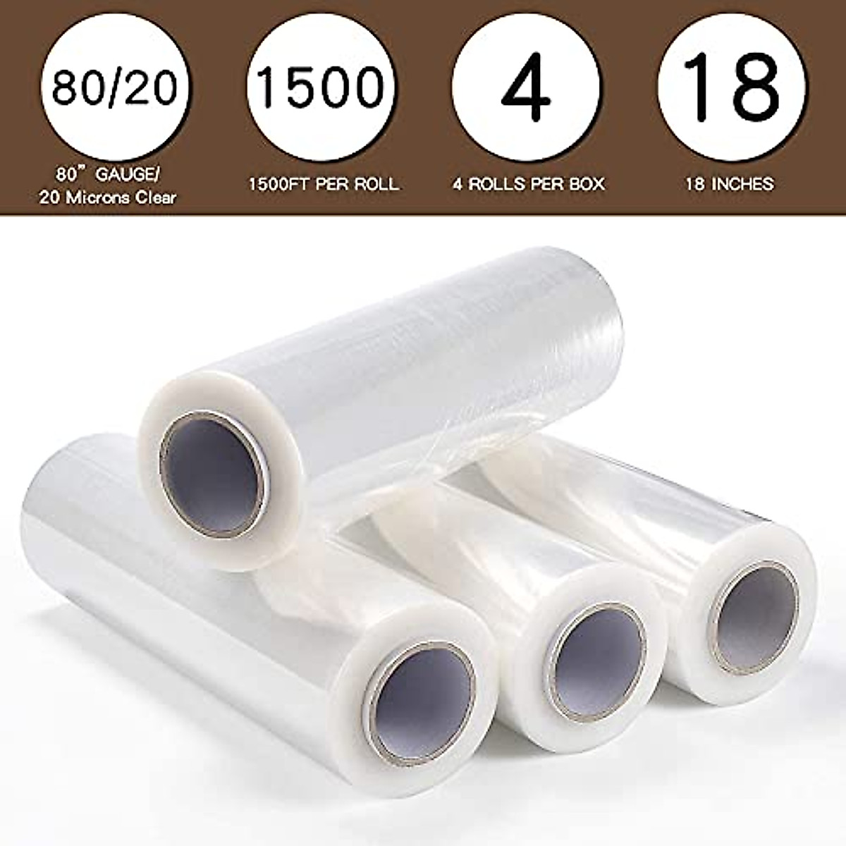 Prinko 18" x 1500ft x 80 Gauge Thick (20 Micron) Clear Cast Pallet Stretch Wrap Film Pack of 4 Rolls, 1500' Per Roll, Total 6000' (4 Rolls)