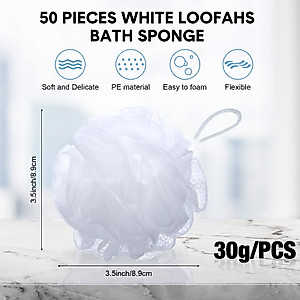 50 Pack Loofah Sponge Bath Sponge Shower Loofah Mesh Shower Ball Bath Pouf Wash Body Puff for Women Men, 30 g (White)