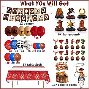 133pcs Western Cowboy Birthday Party Decoration Supplies Western Themed Party Decorations include Balloon Arch Garland & Honeycomb Centerpieces Tablecloth Cake Toppers for Father's Day Decorations