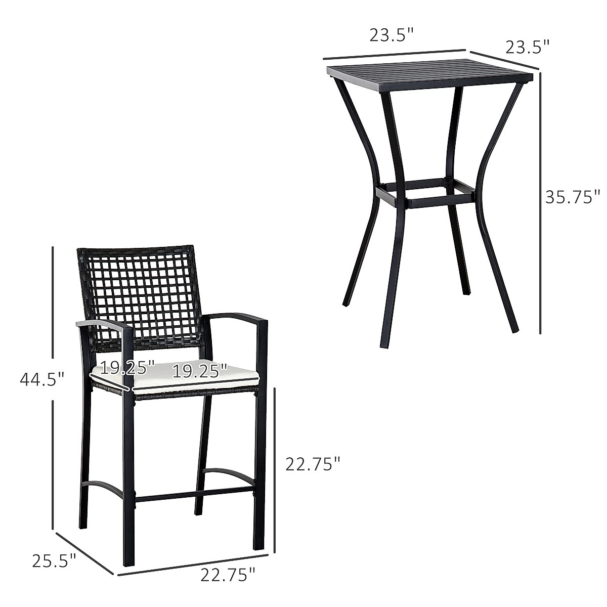 Outsunny 3pcs Patio Bar Set with Soft Cushion, Rattan Wicker Outdoor Furniture Set for Backyards, Lawn, Deck, Poolside