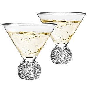 The Wine Savant Wedding Diamond Studded Martini & Cocktail Glasses Set of 2 Matte Silver Glasses, Rhinestone Diamonds Stemless Crystal Ball Base, Bar or Party 10.5 oz, Shiny Style Glass