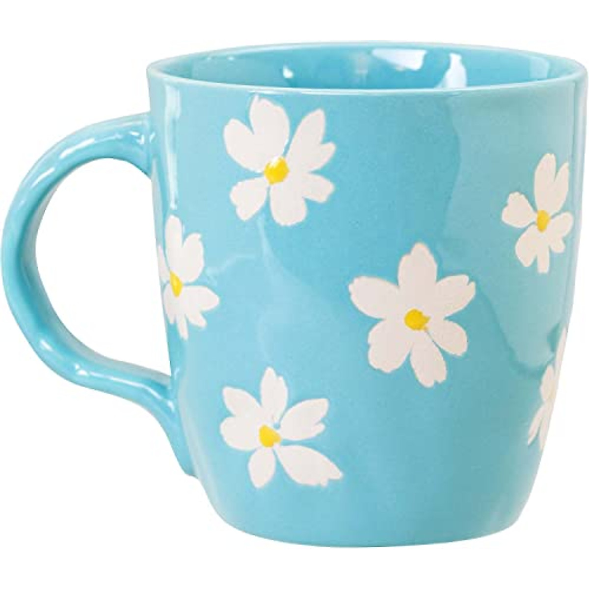 Eccolo Daisies Ceramic Coffee Mug, White and Blue Floral Handpainted Stoneware Tea Cup with Handles is Microwave, Dishwasher Safe, Medium Size Hot Drinking Cup - 16 Oz 473 ML