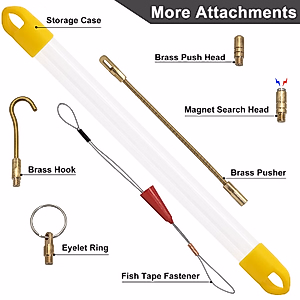 Boeray 11' Fiberglass Running Electrical Wire Cable Pulling Fish Tape Kit with 5 Different Attachments and Fish Tape Tool in a Carrying Case