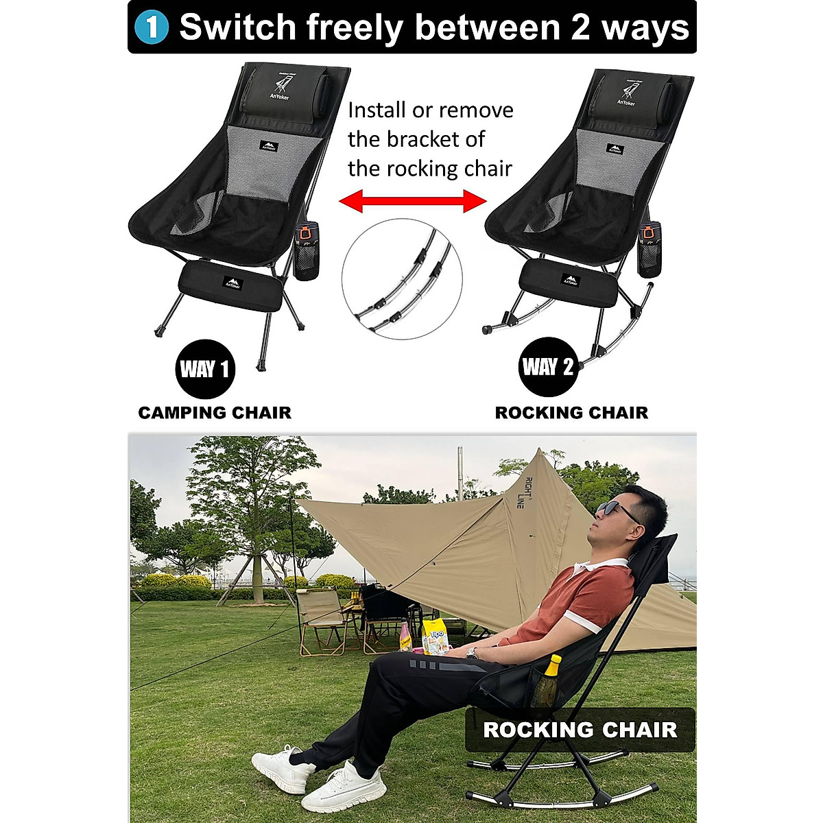 AnYoker Camping Chair, Compact Backpacking Chair, Portable Folding Chair, Beach Chair with Side Pocket and headrest, Lightweight Hiking ChairZZQH (Black)