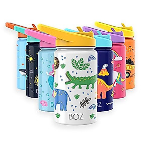 BOZ Kids Water Bottle for School with Straw Lid, Stainless Steel Insulated Water Bottle for Kids, Toddler Water Bottle, Leak Proof Water Bottle for Kids and Toddlers, 14 oz (414ml) (Safari)