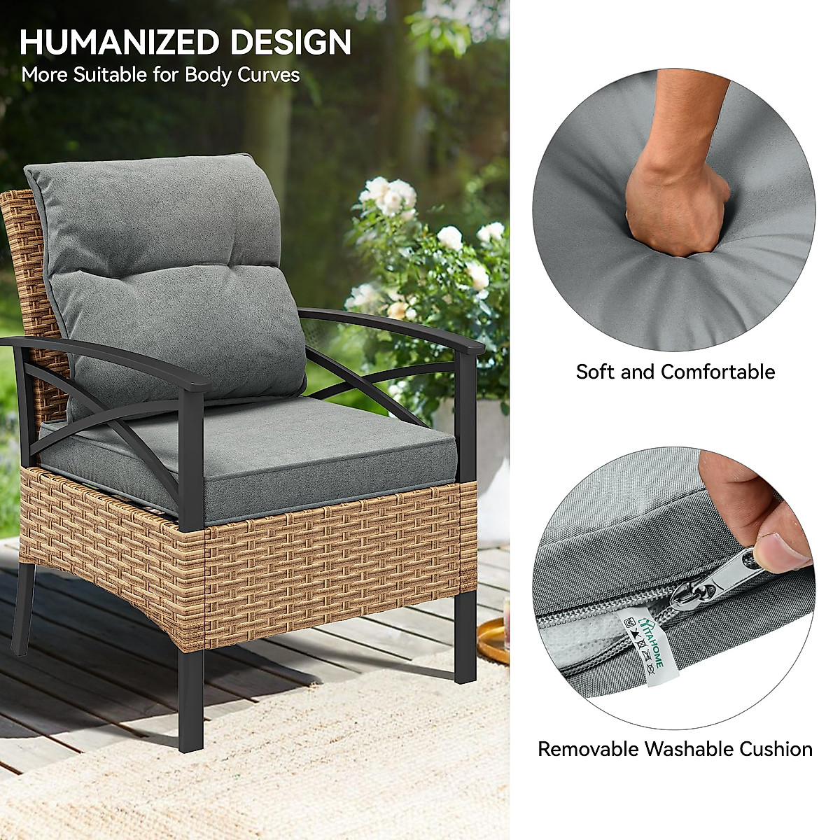 YITAHOME 4-Piece Patio Furniture Wicker Outdoor Bistro Set, All-Weather Rattan Conversation Loveseat Chairs for Backyard, Balcony and Deck with Soft Cushions and Metal Table (Light Brown+Gray)