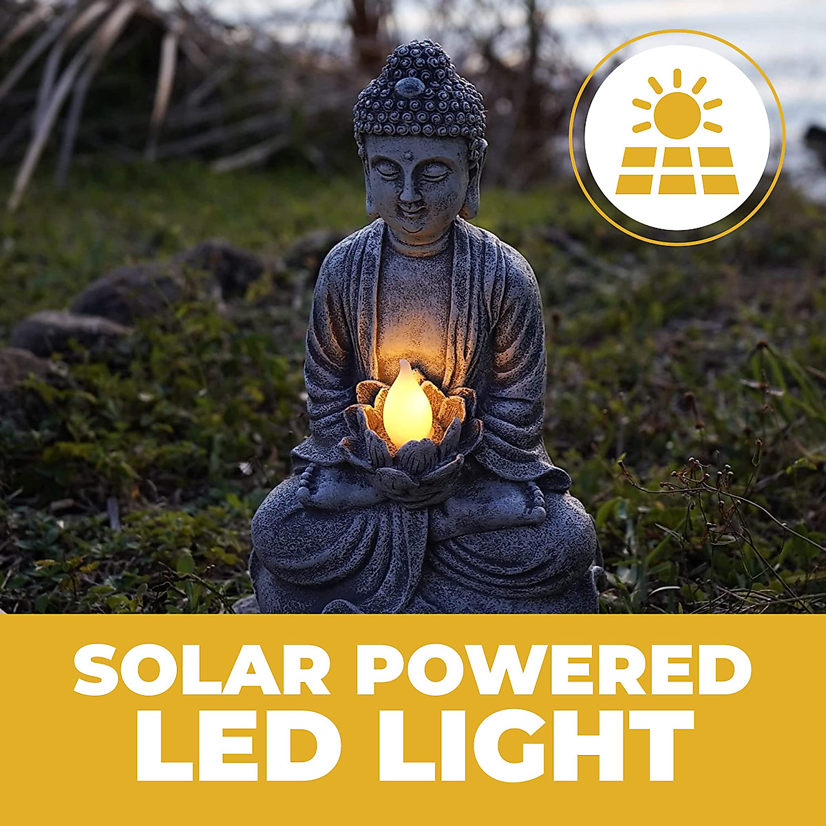 VP Home Buddha Statue for Home and Outdoor Decor Solar Powered Flickering LED Garden Light Zen Meditation Spiritual Room Decor (Glowing Serenity Meditative Buddha)