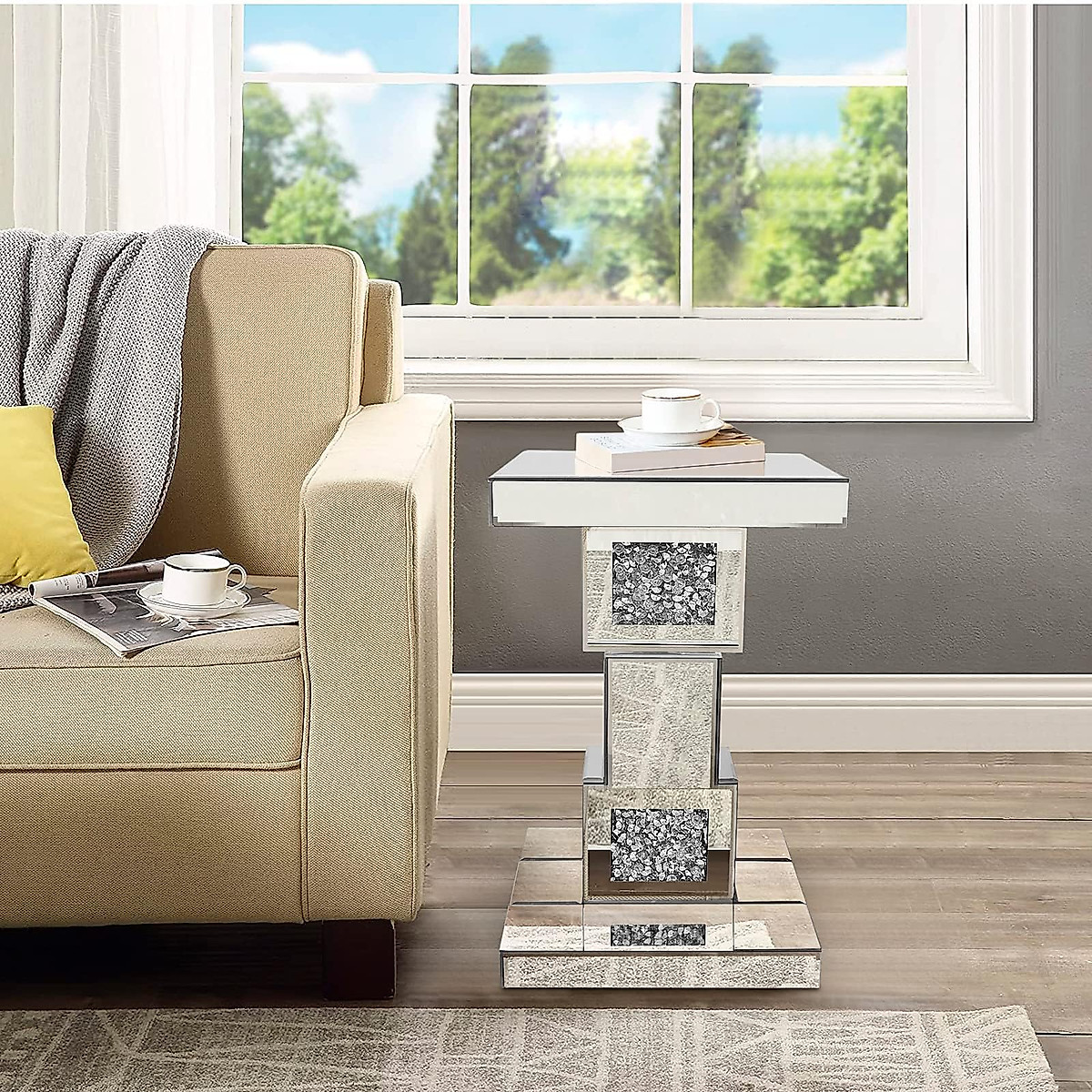 GA Home Silver Mirrored End Table with Crystal Inlay, Modern Mirrored Side Table Accent Table, Square Small Mirrored Coffee Table for Living Room, Bedroom