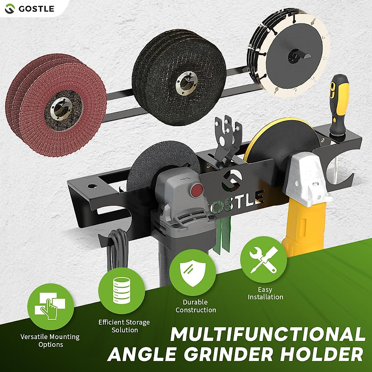 gostle 2 Bay Angle Grinder Holder with Discs Hook Rack, Grinders Power Tools Holder Storage Rack, Wall Mount Organizer Bracket for Cutters Polishers with Cord Hanger and Hooks