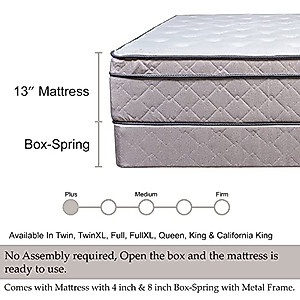 Mattress Comfort, 13-Inch Soft Foam Encased Hybrid Eurotop Pillowtop Memory Foam Gel Innerspring Mattress & 8" Wood Box Spring Set with Frame, Full XL