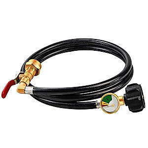 Propane Refill Adapter for 1 lb. Tanks with Gauge,5FT/60 Propane Extension Hose with ON-Off Control Valve, 350PSI High Pressure QCC1/Type1 Inlet for 1LB Propane Gas Tank Cylinder Bottle Camping Grill