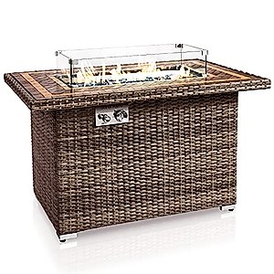 SerenelifeHome Outdoor Propane Fire Pit Table- 50,000 BTU Auto-Ignition Gas Fire Pit w/Glass Wind Guard, Black Tempered Glass Tabletop & Clear Glass Rock for Outdoor Cooking & Grilling - SLFPTIL49
