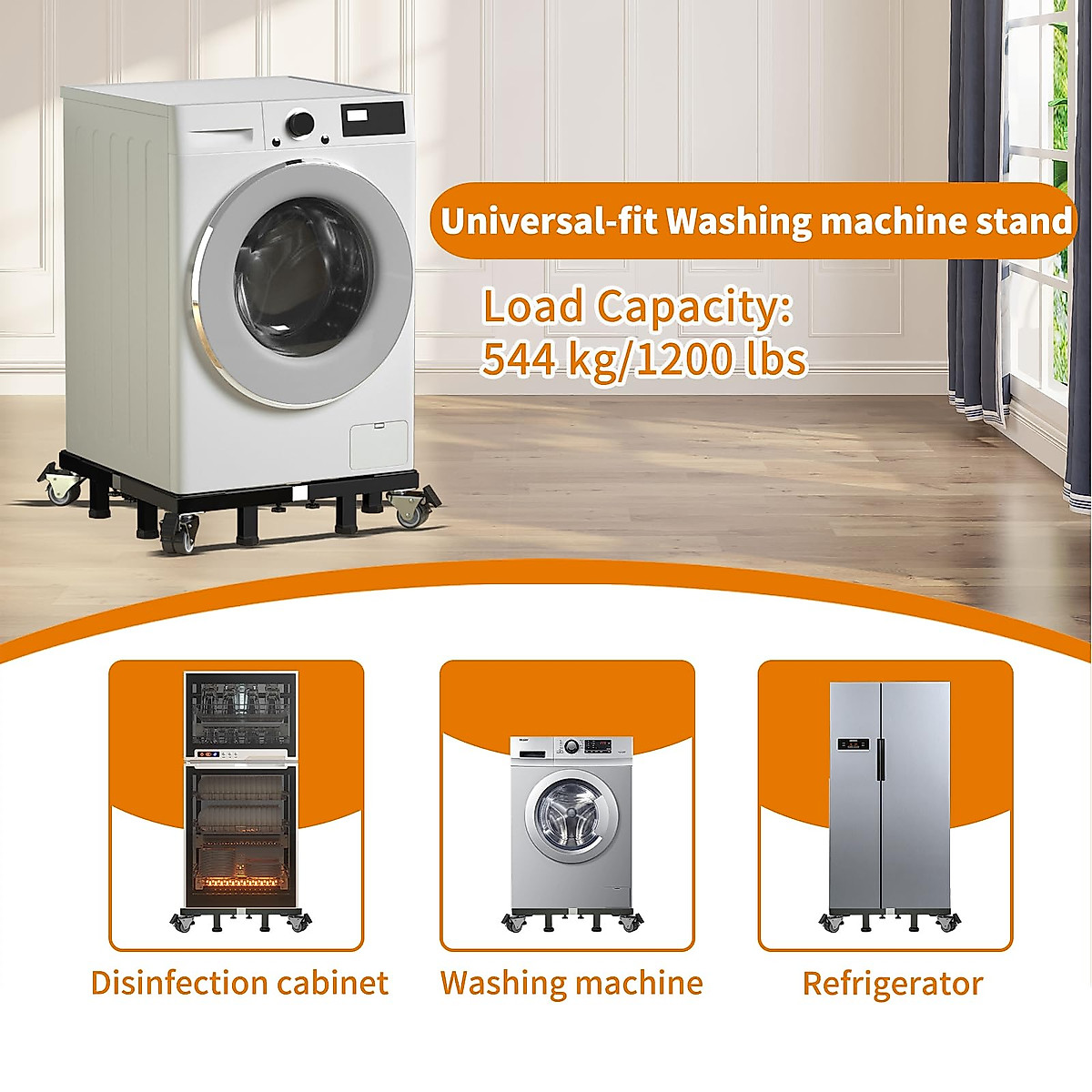 ANBase Heavy Duty All Steel Fridge Stand Mobile Base with 4 Locking Wheels and 8 Sturdy Feet 16.9"-26" Adjustable Furniture Dolly for Washer, Refrigerator and Dryer（Black）