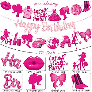 3Pcs Hot Pink Girl Happy Birthday Banners Pink Glitter Hot Pink Princess Birthday Party Decorations for Girls Doll Theme Baby Shower Ladies Bachelorette Party Supplies