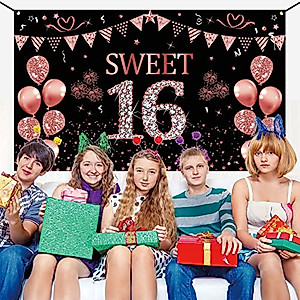 Trgowaul Sweet 16 Birthday Decorations for Girls,Rose Gold Sweet 16 Photo Backdrop Banner, Sixteen Birthday Party Sign Photography Supplies, Pink Sweet 16 Decorations Poster Background Decor