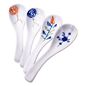 Japanese Ceramic Soup Spoons, 4 Pieces Porcelain Spoon for Noodle Ramen Oat