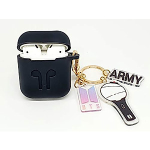BT-S Airpods Case with Kpop Bangtan Boys Army Bomb Keychain, Protective Premium Silicone Cover Compatible with Apple Airpods (Black)