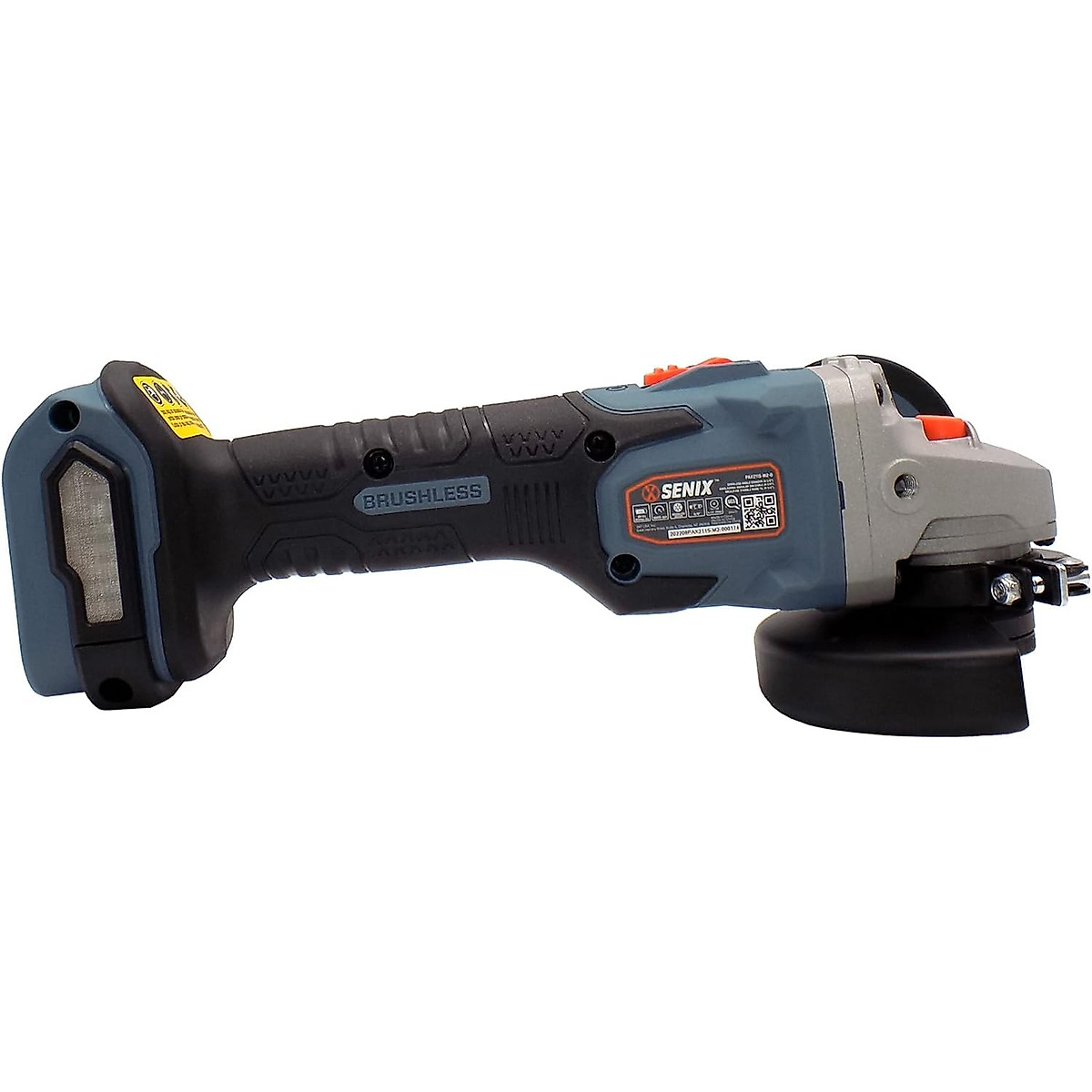SENIX X2 20 Volt Max* 4-1/2-Inch Brushless Angle Grinder Tool, 8500 RPM Max, 3-Position Auxiliary Handle, Spring-Loaded Safety Slide Switch, 2.5 Ah Battery and Charger Included (PAX2115-M2)