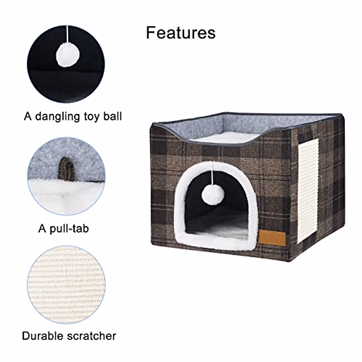 Cat Bed for Indoor Cats, Cat House with Durable Scratching Board and Dangling Toy Ball, Foldable Cat Condo with Reversible Cushions and Large Opening (Coffee)
