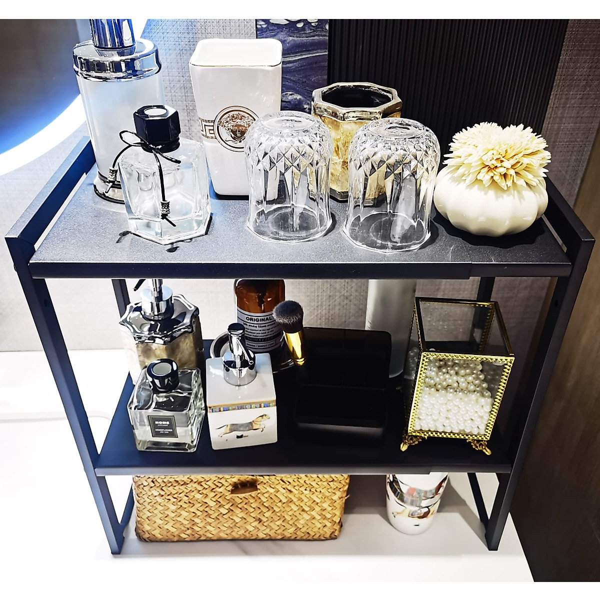 Urhomey plus 2 Tier Expandable Cabinet Shelf Organizer Bathroom Kitchen Counter Shelf 35LBS Sink Shelf Riser Countertop Storage Black